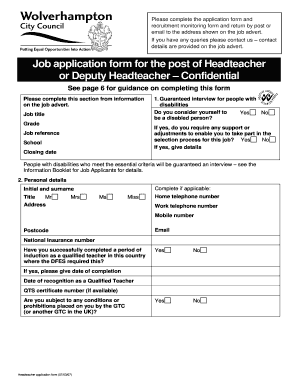 Fillable Online Job application form for the post of Headteacher or ...