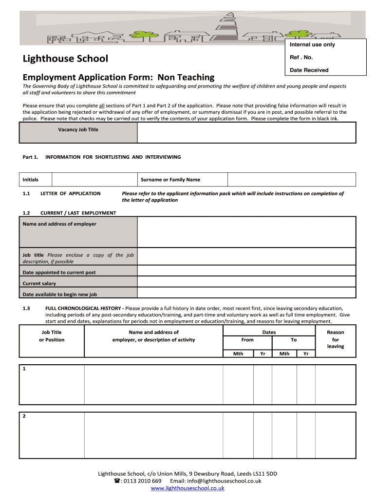 Fillable Online Employment Application Form: Non Teaching at Lighthouse ...