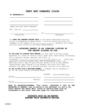 Fillable Online RENT AND DAMAGES CLAIM - Government of Dane County ...