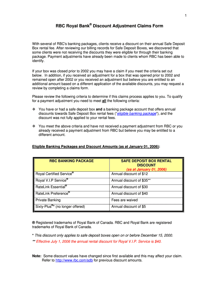 Fillable Online RBC Royal Bank® Discount Adjustment Claims Form Fax ...