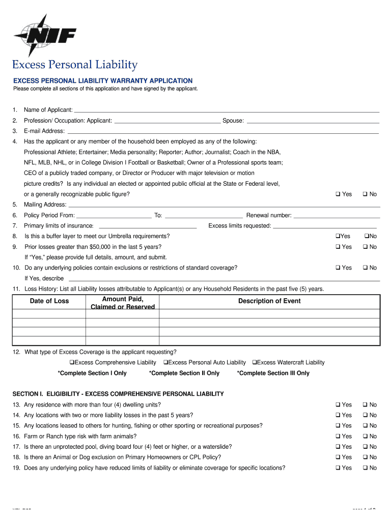 Fillable Online Excess Personal Liability Warranty Application Fax ...