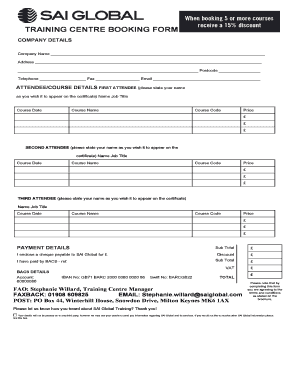 Fillable Online TRAINING CENTRE BOOKING FORM - SAIGlobal Fax Email ...