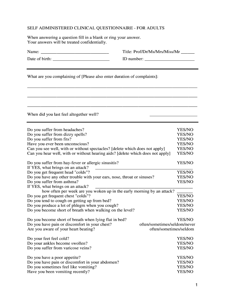 Fillable Online Self Administered Clinical Questionnaire Fax Email ...
