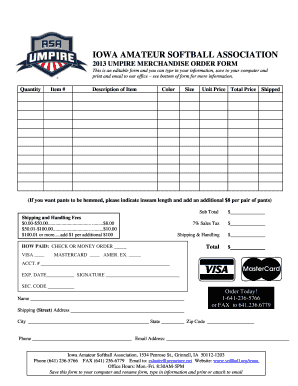Fillable Online 2013 UMPIRE MERCHANDISE ORDER FORM Fax Email Print - pdfFiller