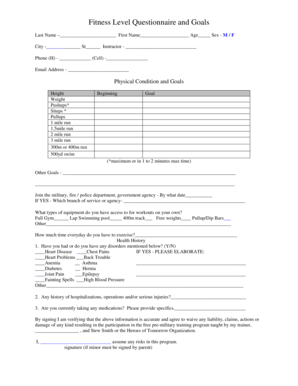 Fillable Online Fitness Level Questionnaire and Goals - StewSmithcom ...
