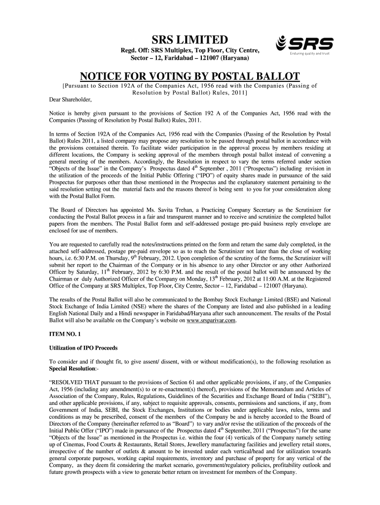 Fillable Online NOTICE FOR VOTING BY POSTAL BALLOT Fax Email Print ...