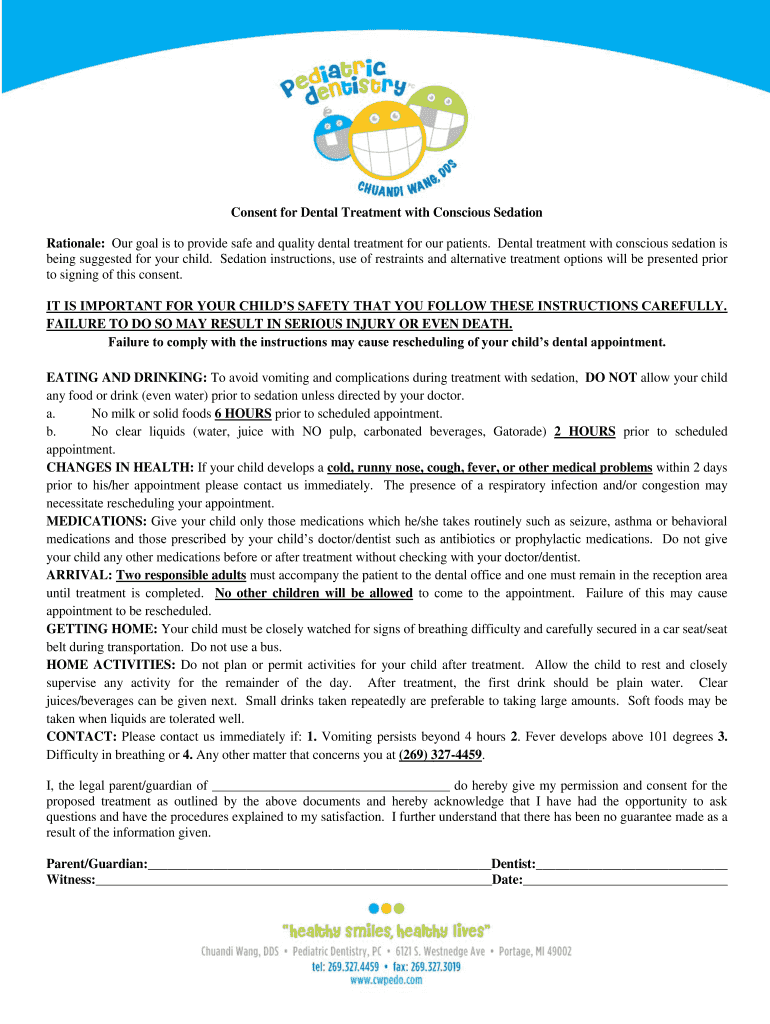 Fillable Online Consent for Dental Treatment with Conscious Sedation ...