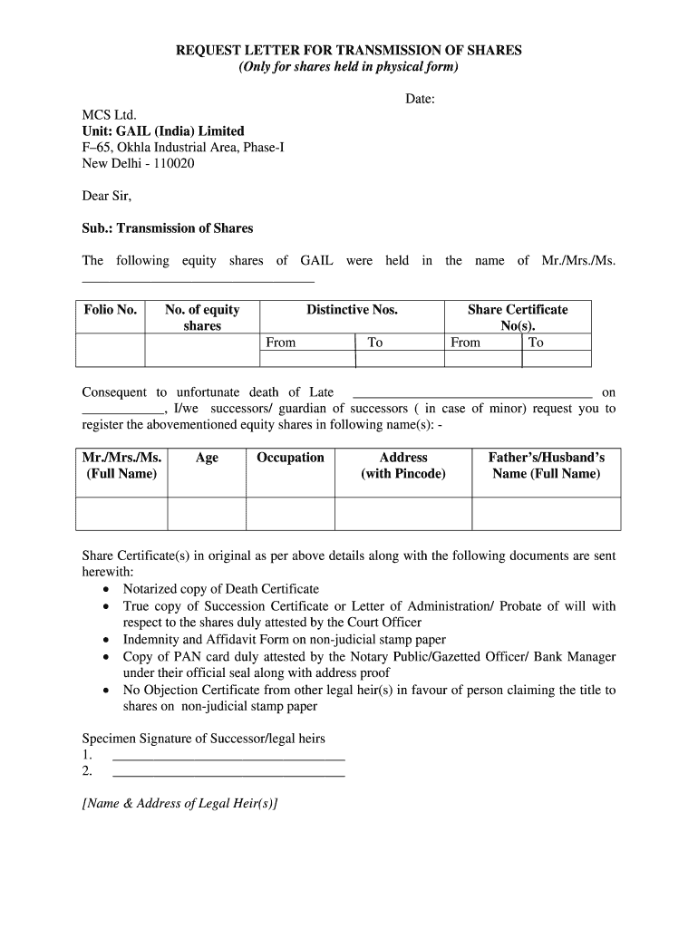 Fillable Online Transmission of Shares Request Letter Fax Email Print ...
