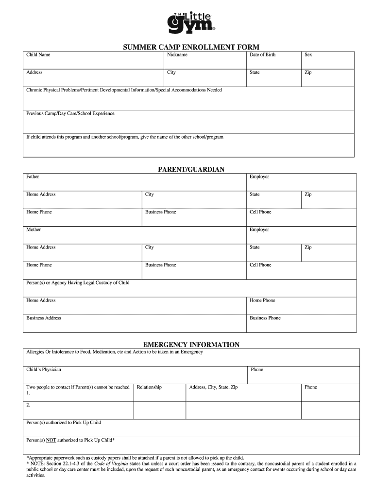 Fillable Online Summer Camp Enrollment Form Fax Email Print - pdfFiller