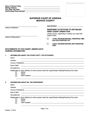 Fillable Online Response to Petition to Establish First Court Order for ...