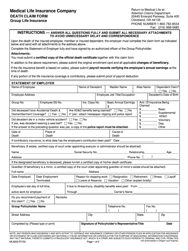 Fillable Online Group Life Insurance Death Claim Form Fax Email Print ...