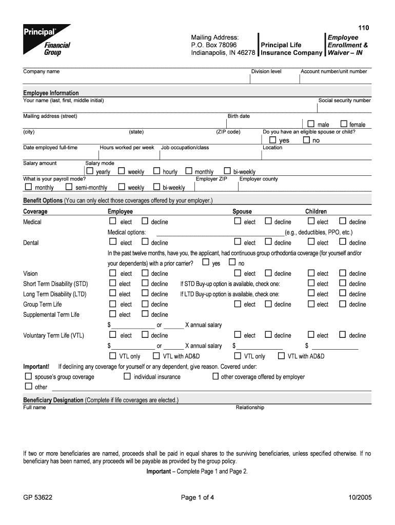 Fillable Online Principal Life Insurance Enrollment & Waiver – IN Fax ...