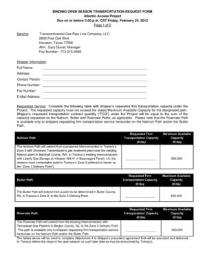 Fillable Online BINDING OPEN SEASON TRANSPORTATION REQUEST FORM ... Fax ...