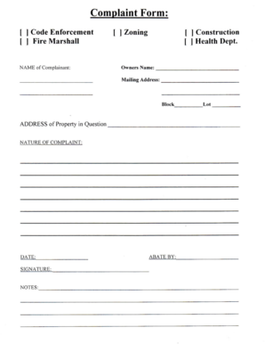 Fillable Online Complaint Form: I Code Enforcement 1Construction Zoning ...