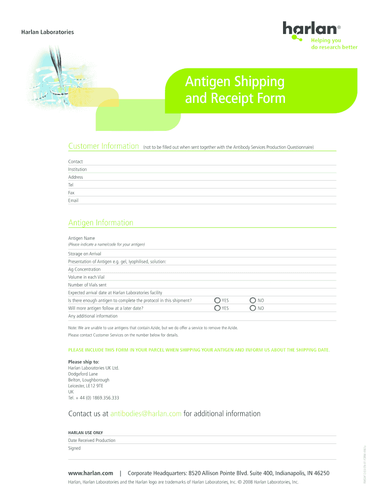 Fillable Online Harlan Laboratories Antigen Shipping and Receipt Form ...