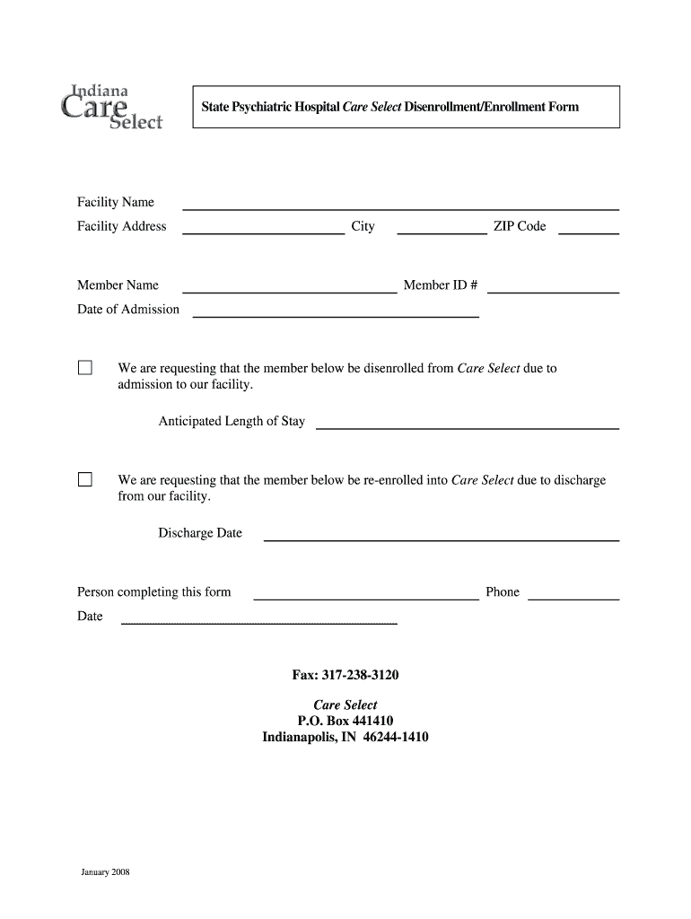 Fillable Online State Psychiatric Hospital Care Select Disenrollment ...