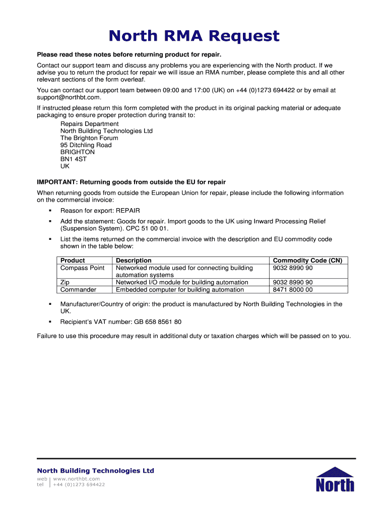 Fillable Online North RMA Request Fax Email Print - pdfFiller