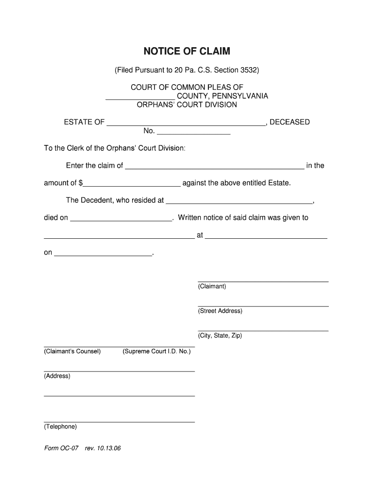Fillable Online Notice of Claim Pursuant to 20 Pa. C.S. Section 3532 ...