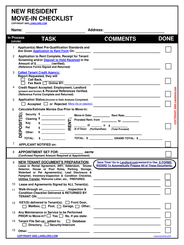 Fillable Online NEW RESIDENT MOVE-IN CHECKLIST Fax Email Print - pdfFiller
