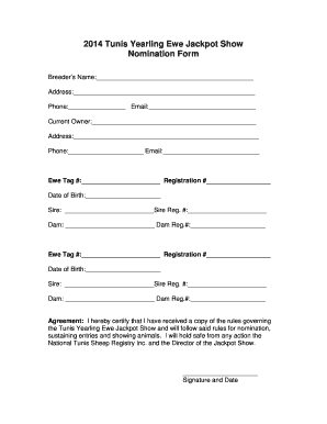 Fillable Online 2014 Tunis Yearling Ewe Jackpot Show Nomination Form ...