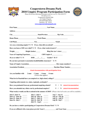 Fillable Online Cooperstown Dreams Park 2010 Umpire Program ...