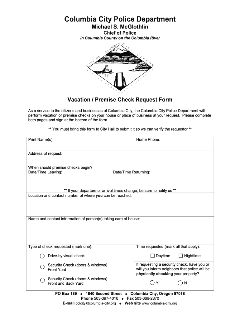 Fillable Online Vacation / Premise Check Request Form Fax Email Print ...