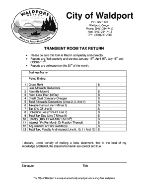 Fillable Online Transient Room Tax Form - The City of Waldport Fax ...