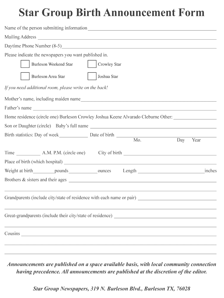 Fillable Online Birth Announcement Form Fax Email Print - pdfFiller