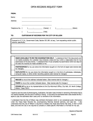 Fillable Online killeentexas OPEN RECORDS REQUEST FORM - City of ...
