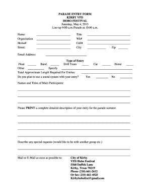 Fillable Online kirbytx PARADE ENTRY FORM KIRBY VFD HOBO FESTIVAL ...