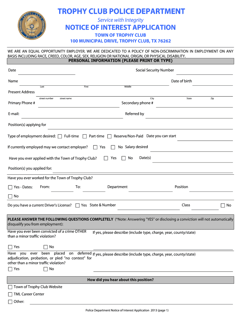 Fillable Online Trophy Club Police Department Notice of Interest ...