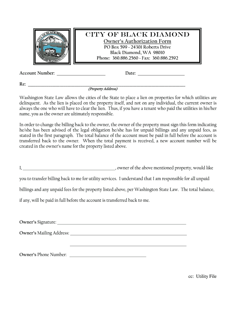 Fillable Online Owner’s Authorization for Utility Billing Fax Email ...