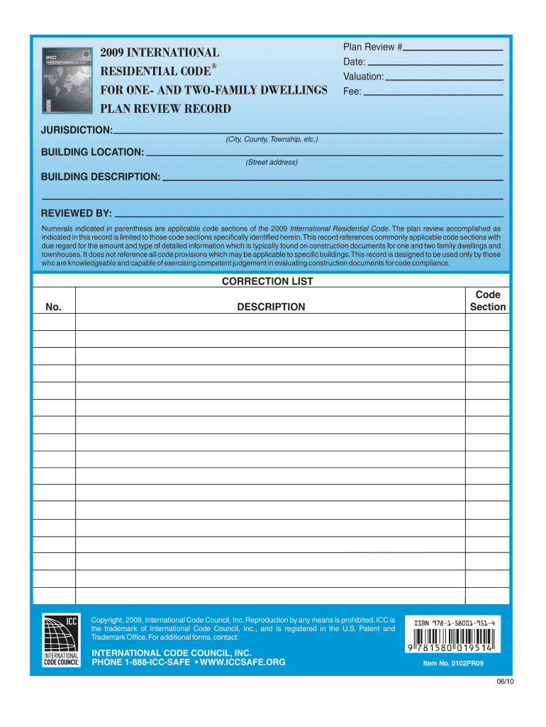 Fillable Online International Residential Code Plan Review Record Fax ...