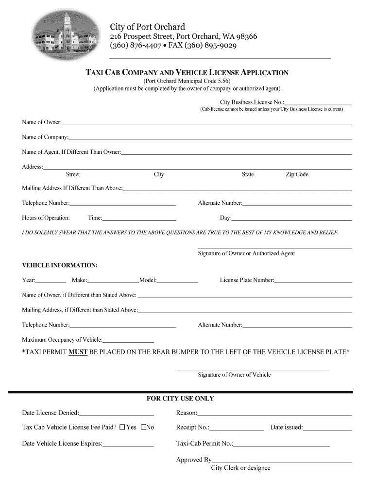Fillable Online TAXI CAB COMPANY AND VEHICLE LICENSE APPLICATION Fax ...