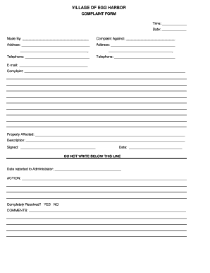 Fillable Online Complaint Form - Village of Egg Harbor Fax Email Print ...