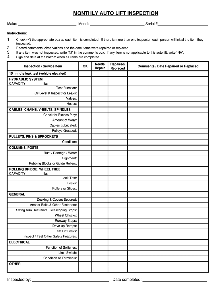 Printable Free Weekly Forklift Inspection Checklist Template