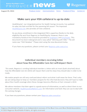 Fillable Online Members receiving ACA letter - HSA collateral - Regence ...