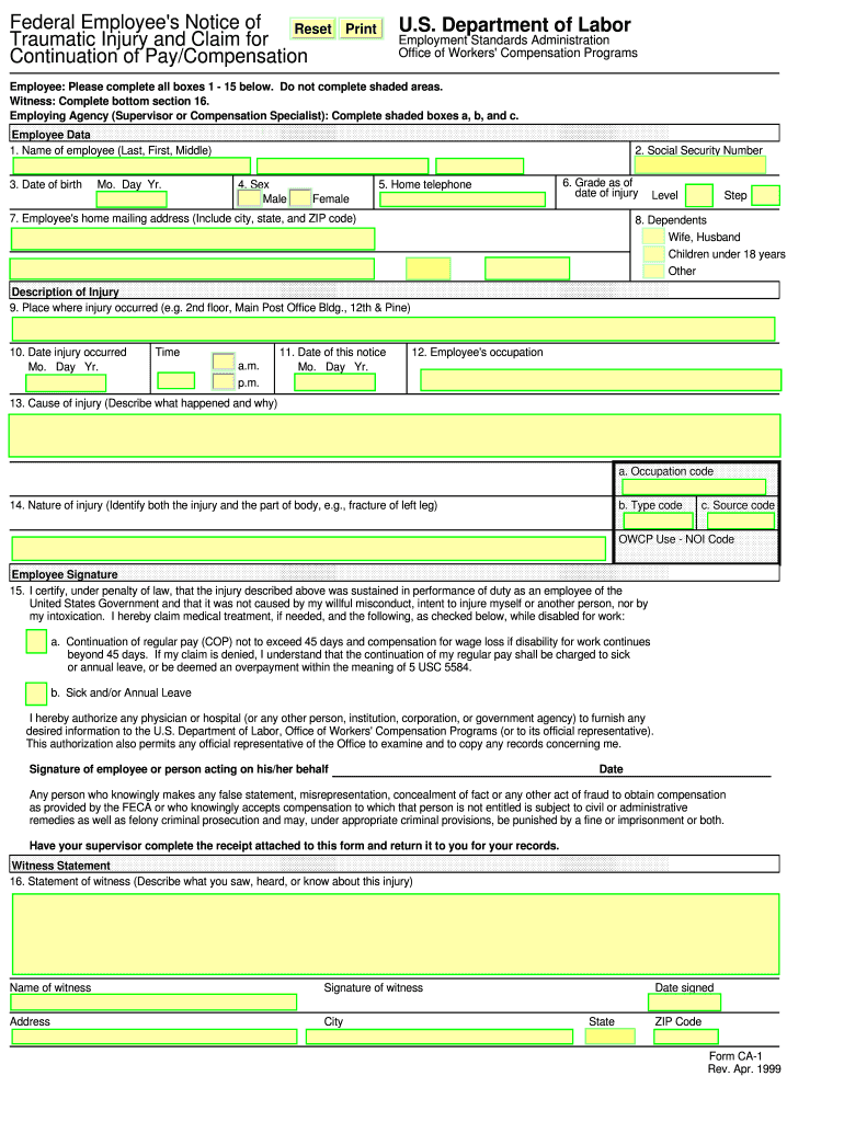 Fillable Online Federal Employee's Notice of Traumatic Injury and Claim ...