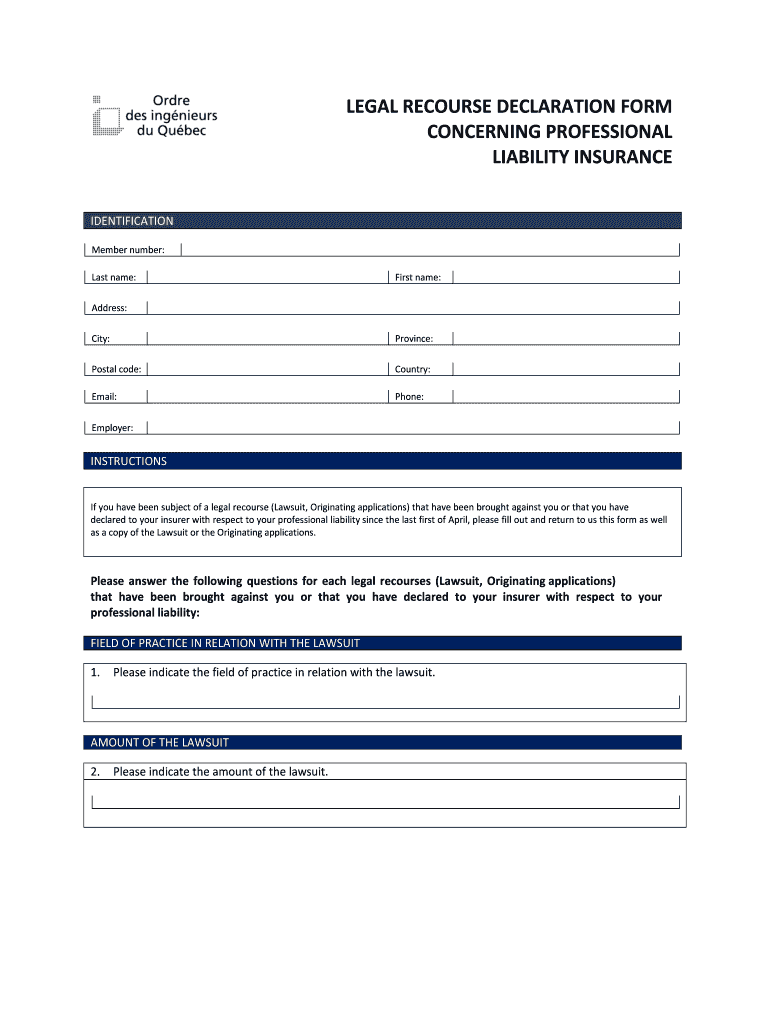 Fillable Online LEGAL RECOURSE DECLARATION FORM CONCERNING PROFESSIONAL ...