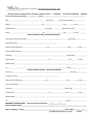 Fillable Online PRE REGISTRATIONADMISSION FORM - Northwell Health Fax ...
