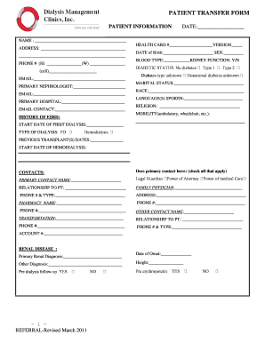 Fillable Online Patient transfer bformb - Dialysis Management Clinics ...