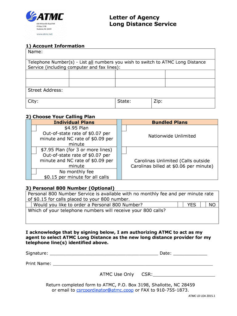 Fillable Online Letter of Agency Long Distance Service - Home Page ATMC ...