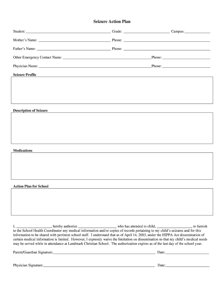 Fillable Online landmarkchristianschool Seizure Action Plan - Landmark ...