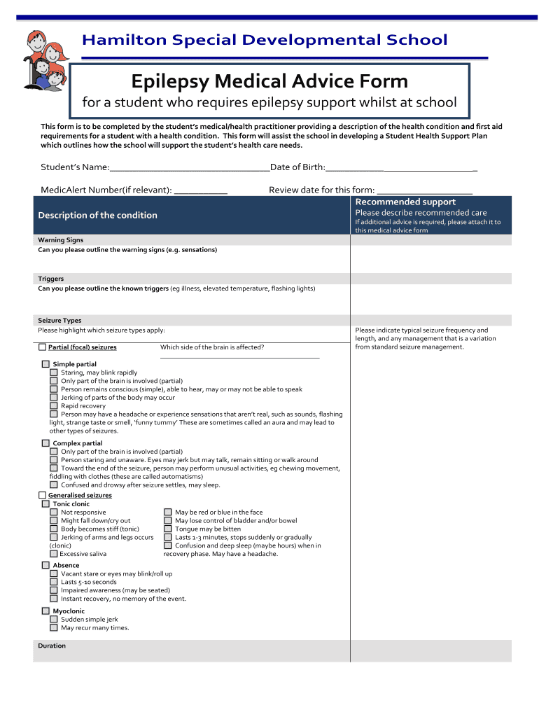 Fillable Online Epilepsy Medical Advice Form - bMySchoolsAppb Fax Email ...