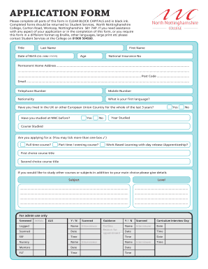 Fillable Online nnc ac APPLICATION FORM - North Notts College - nnc ac ...