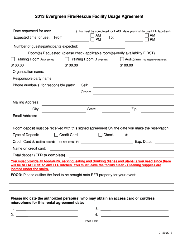 Fillable Online 2013 Facility Use Agreement Fax Email Print - pdfFiller