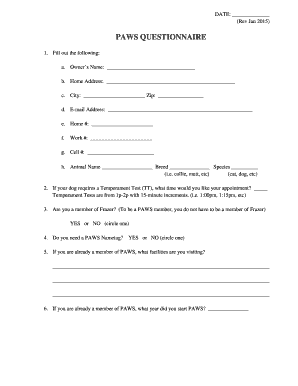 Fillable Online frazerumc PAWS QUESTIONNAIRE - Frazer United Methodist ...