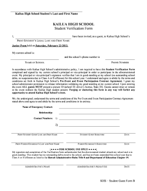 Fillable Online kailuahs k12 hi KAILUA HIGH SCHOOL Student Verification ...