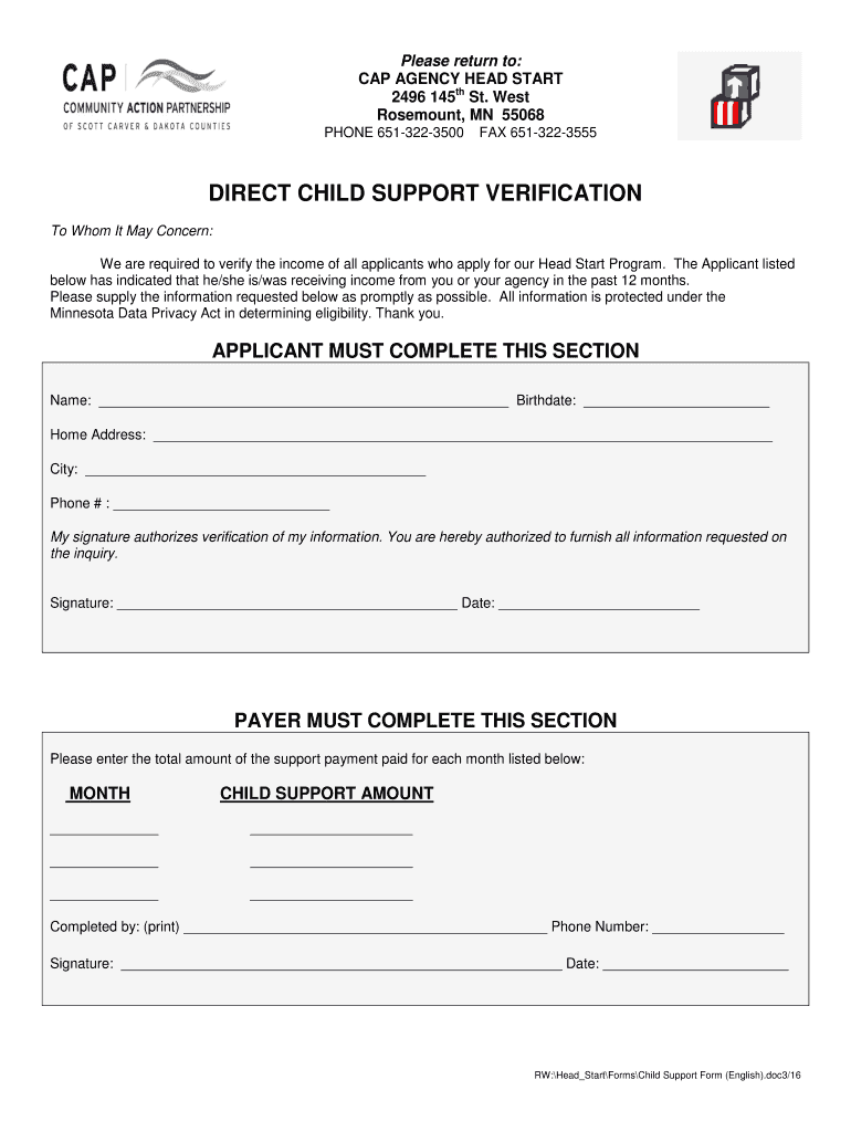 Fillable Online capagency DIRECT CHILD SUPPORT VERIFICATION ...