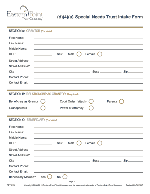 Fillable Online D4a Special Needs Trust Intake bFormb - Eastern Point ...